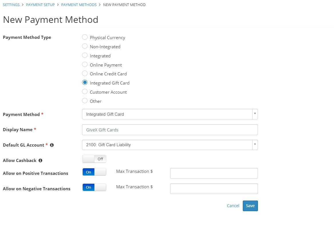 Integrated Gift Card Setup in Hub